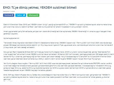 EMO - EMO: TL`YE DÖNÜŞ YETMEZ, YEKDEM SUİSTİMALİ BİTMELİ (DOVİZTR.COM)