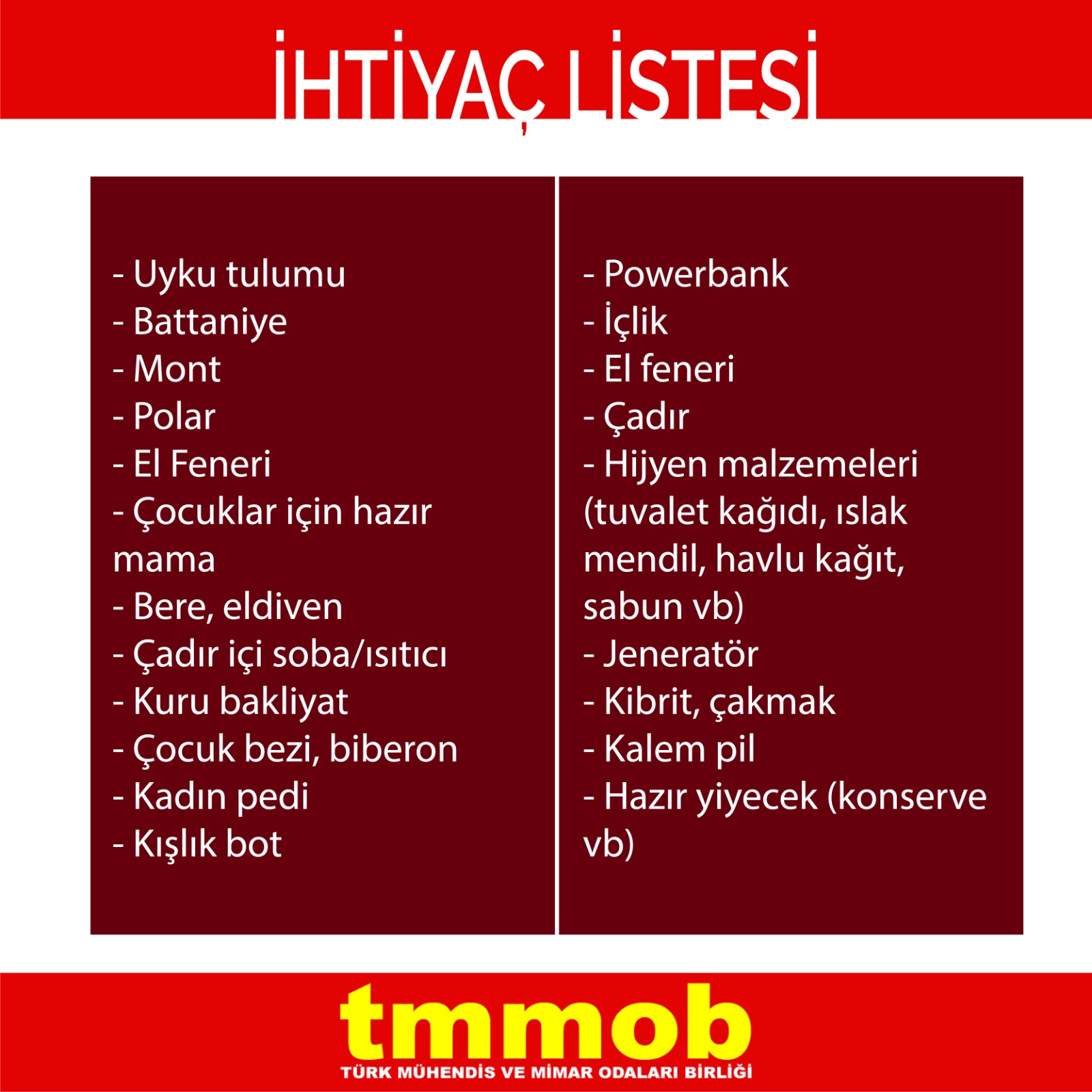 EMO - DEPREM İHTİYAÇ LİSTESİ VE TOPLANMA ADRESLERİ