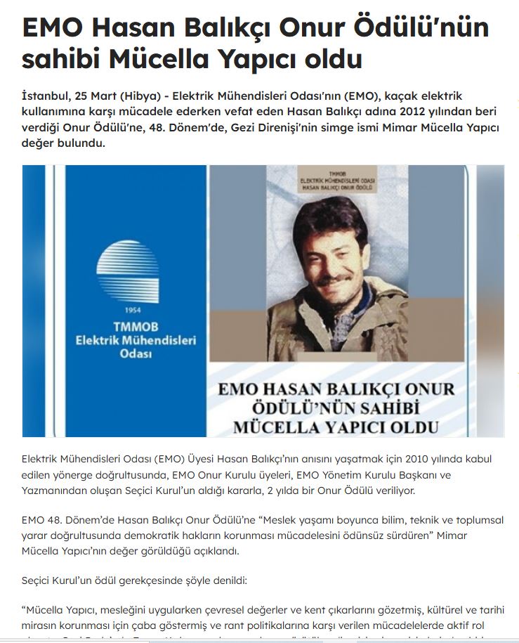 EMO - EMO HASAN BALIKÇI ONUR ÖDÜLÜ`NÜN SAHİBİ MÜCELLA YAPICI OLDU ...