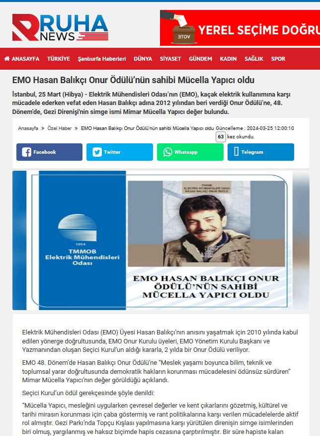 EMO - EMO HASAN BALIKÇI ONUR ÖDÜLÜ’NÜN SAHİBİ MÜCELLA YAPICI OLDU ...