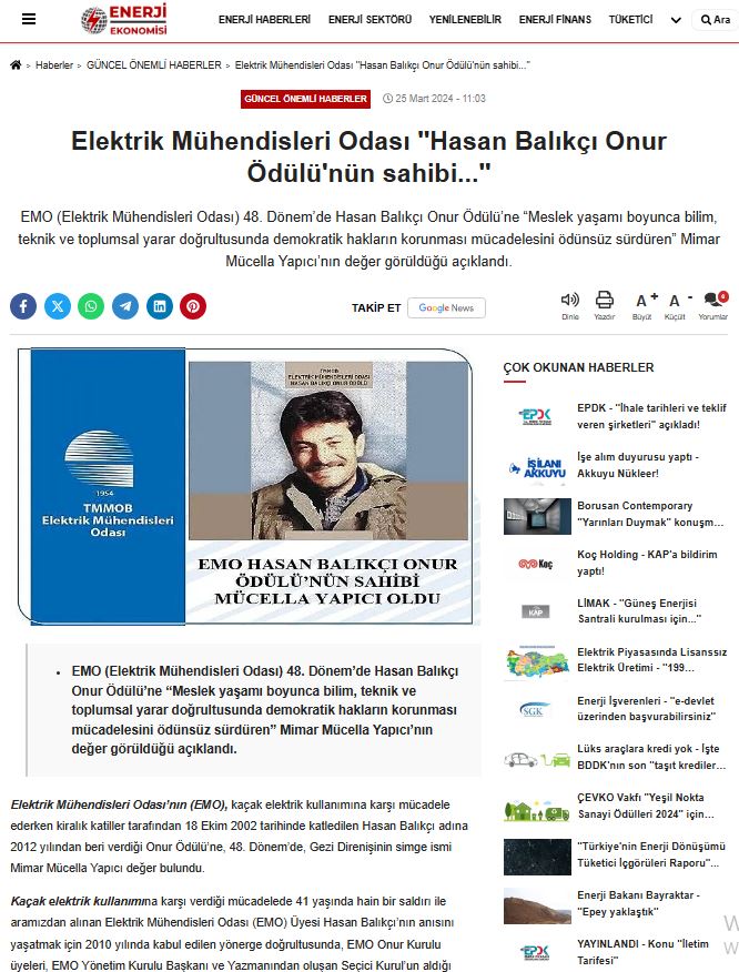 EMO - ELEKTRİK MÜHENDİSLERİ ODASI `HASAN BALIKÇI ONUR ÖDÜLÜ`NÜN SAHİBİ ...
