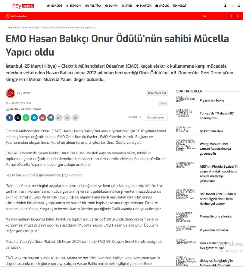 EMO - EMO HASAN BALIKÇI ONUR ÖDÜLÜ’NÜN SAHİBİ MÜCELLA YAPICI OLDU ...