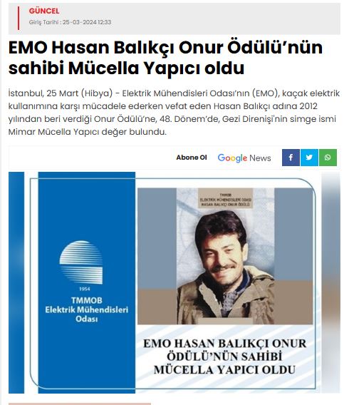 EMO - EMO HASAN BALIKÇI ONUR ÖDÜLÜ’NÜN SAHİBİ MÜCELLA YAPICI OLDU ...