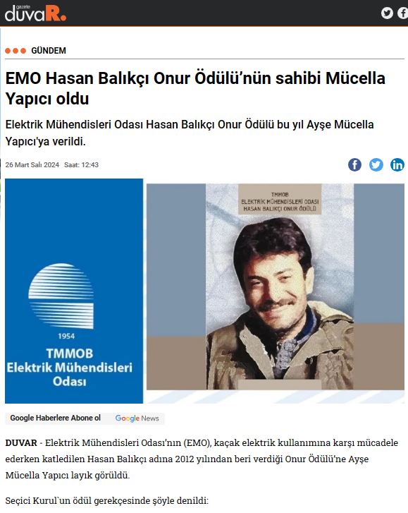 EMO - EMO HASAN BALIKÇI ONUR ÖDÜLÜ’NÜN SAHİBİ MÜCELLA YAPICI OLDU ...