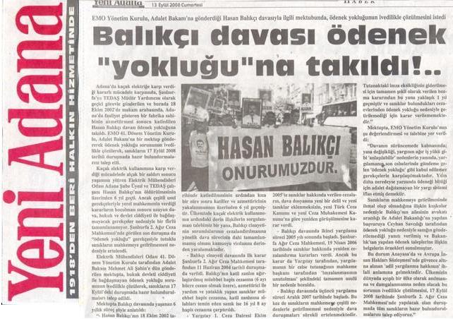 EMO - HASAN BALIKÇI DAVASI ÖDENEK YOKLUĞUNA TAKILDI! (WWW.YENİADANA.NET)