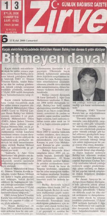 EMO - HASAN BALIKÇI DAVASI ÖDENEK YOKLUĞUNA TAKILDI! (WWW.YENİADANA.NET)