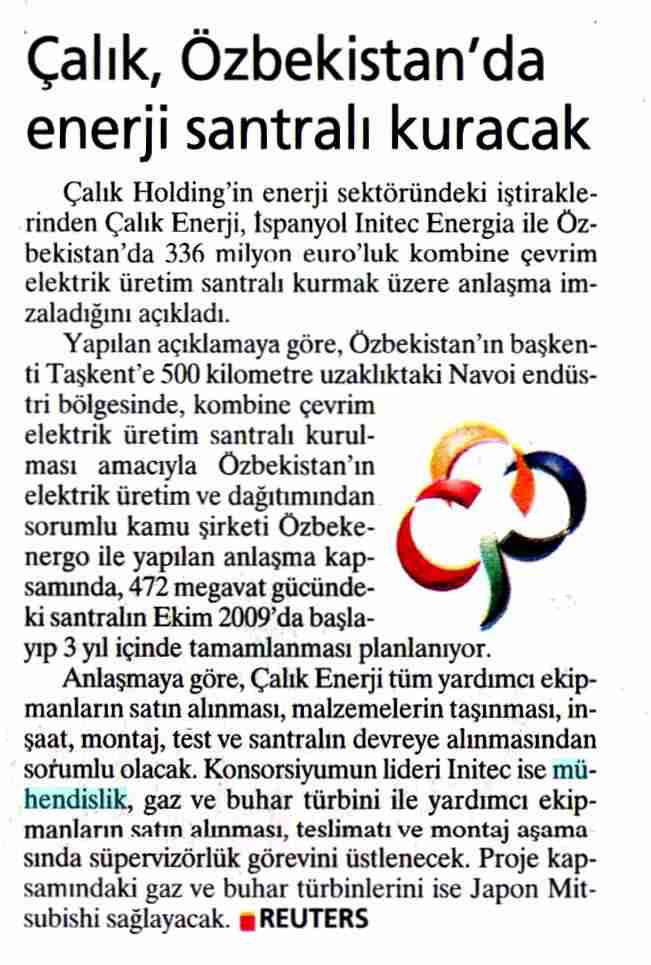 EMO - ÇALIK, ÖZBEKİSTAN'DA ENERJİ SANTRALI KURACAK (MİLLİYET)
