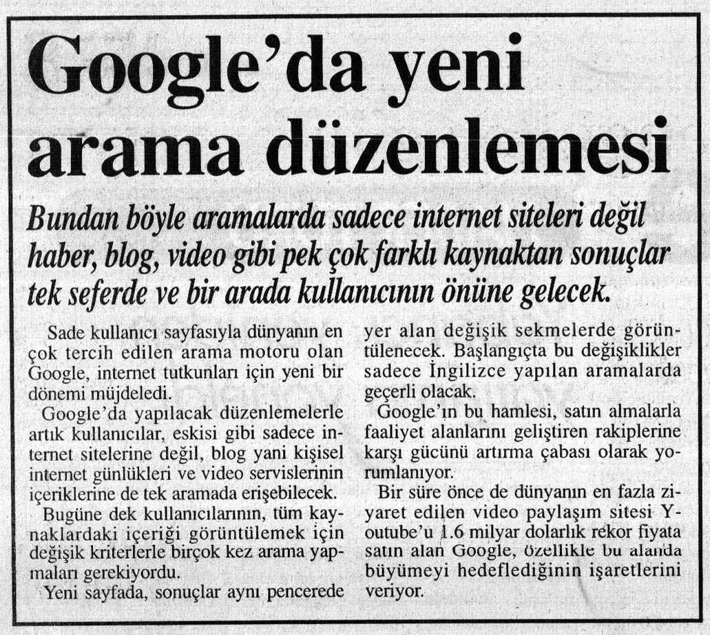 EMO - GOOGLE'DA YENİ ARAMA DÜZENLEMESİ (İSTİKLAL GAZETESİ, 21.05.2007)